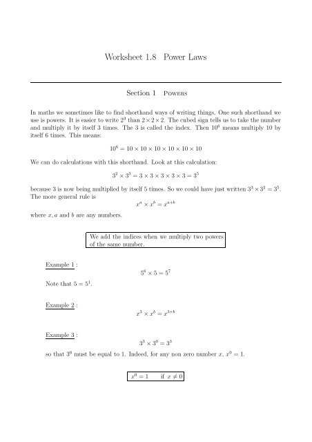 Worksheet 1.8 Power Laws
