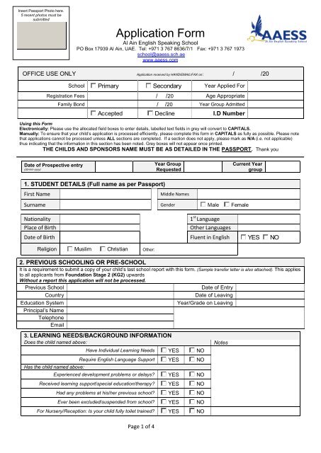 Application Form - Al Ain English Speaking School AAESS