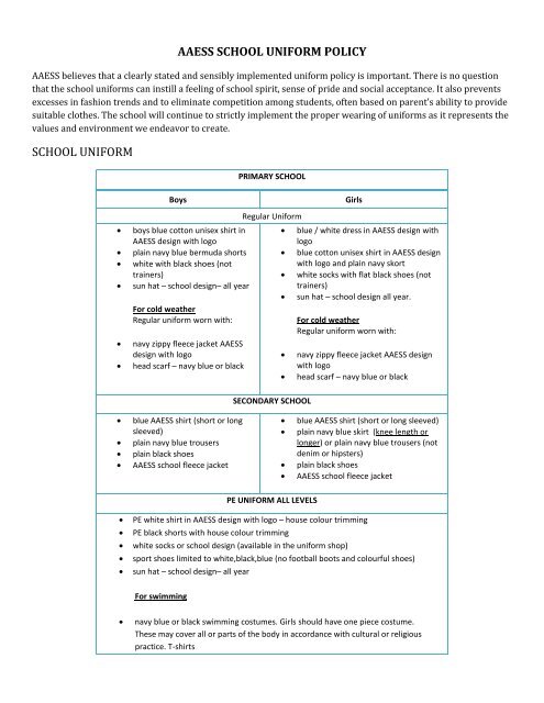 AAESS SCHOOL UNIFORM POLICY SCHOOL UNIFORM