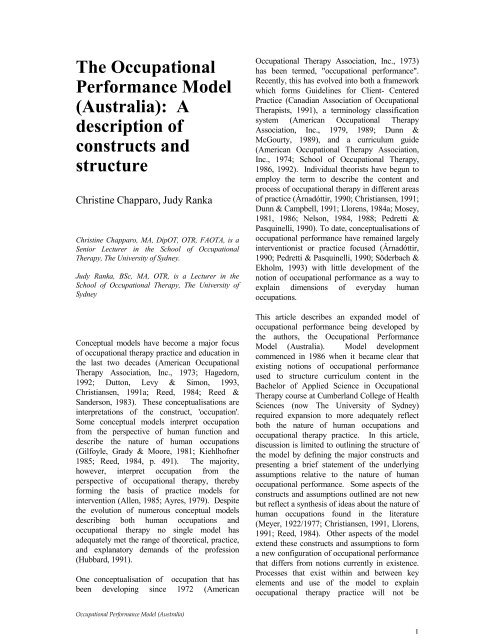 The Occupational Performance Model (Australia): A description of ...