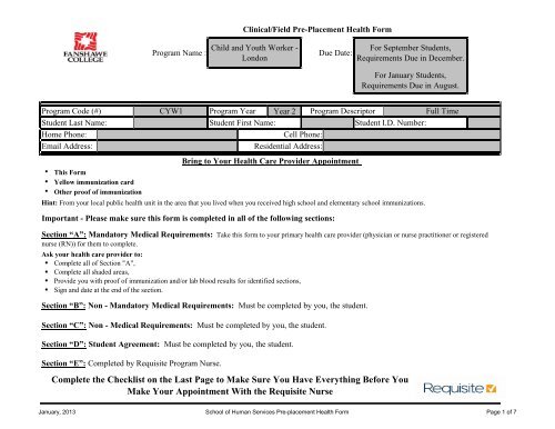 Year 2: Clinical/Field Pre-Placement Health Form - Fanshawe College
