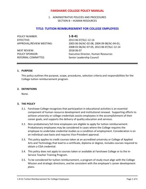 FANSHAWE COLLEGE POLICY MANUAL