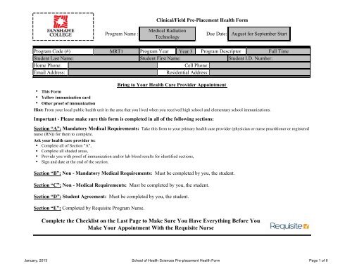 Year 3: Clinical/Field Pre-Placement Health Form - Fanshawe College