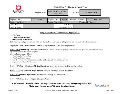 Clinical/Field Pre-Placement Health Form - Fanshawe College