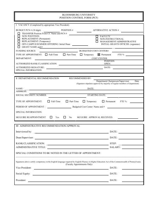 Position Control Form - Bloomsburg University