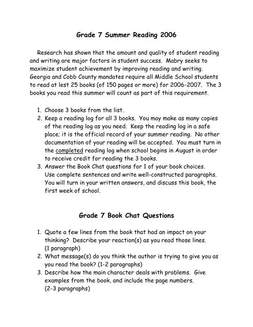 Grade 7 Summer Reading 2006 - Mabry Middle School