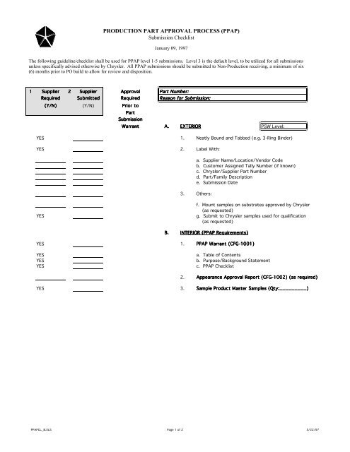 Production Part Approval Process (ppap) Submission Checklist