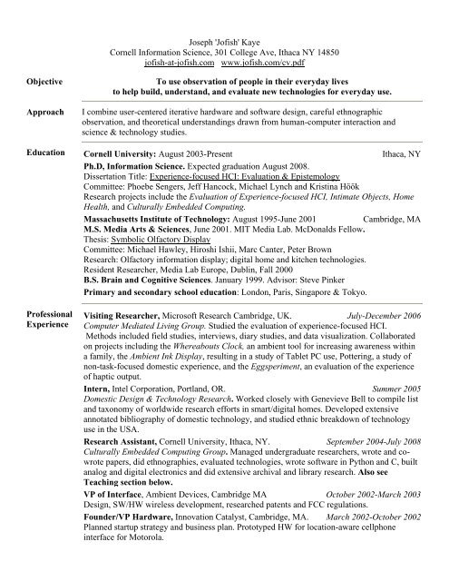 Joseph 'Jofish' Kaye - CV - MIT Media Laboratory