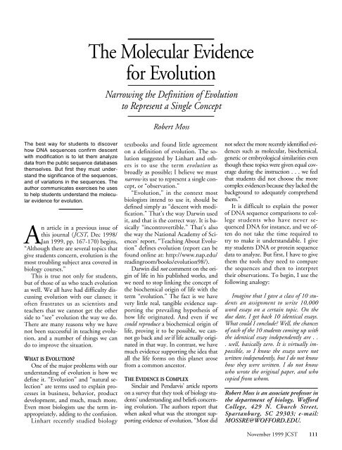 The Molecular Evidence for Evolution - Faculty.virginia.edu