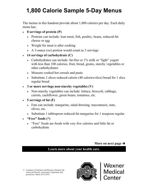 1,800 Calorie Sample 5-Day Menus - Patient Education Home