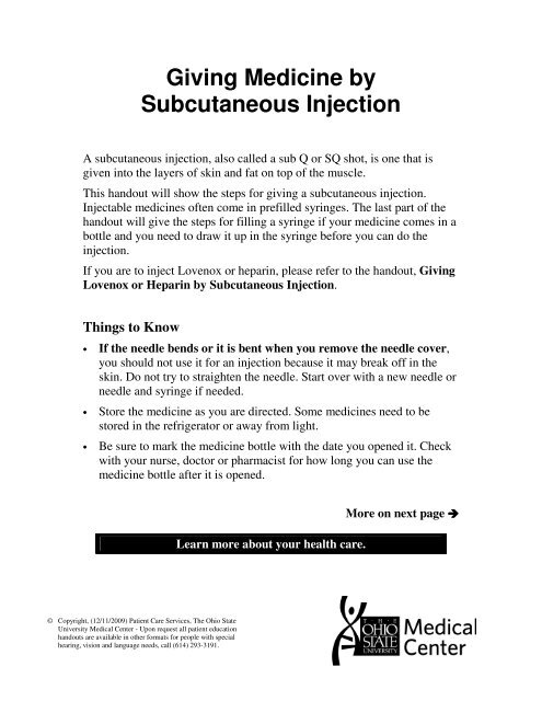 Giving Medicine by Subcutaneous Injection - Patient Education Home