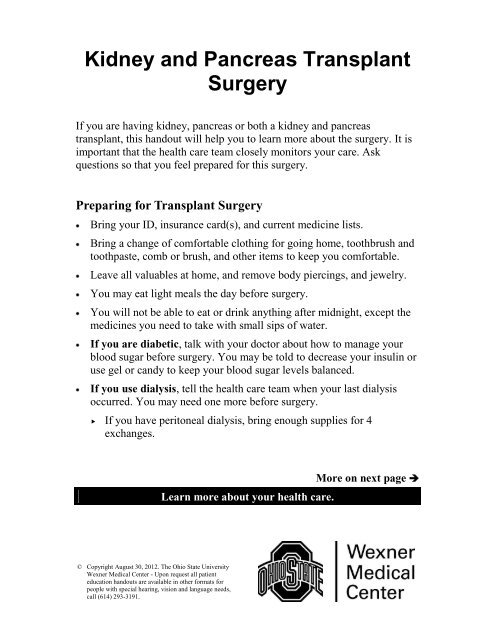 Kidney and Pancreas Transplant Surgery - Patient Education Home