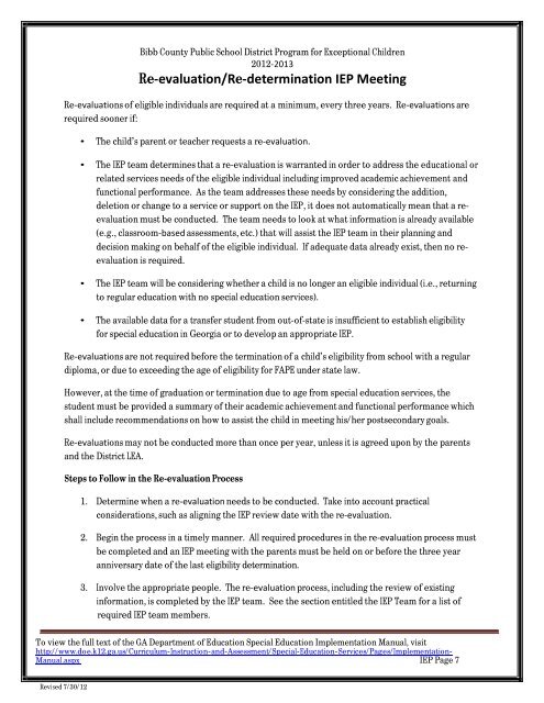 Re‐evaluation/Re‐determination IEP Meeting - Bibb County Schools