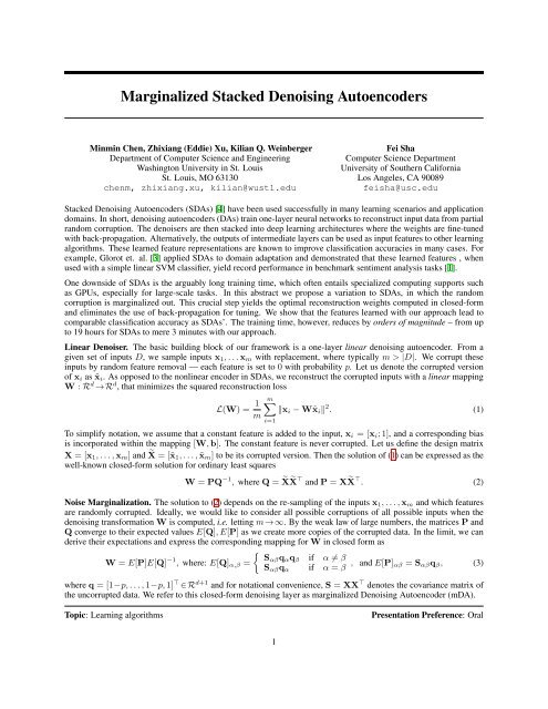 Marginalized Stacked Denoising Autoencoders