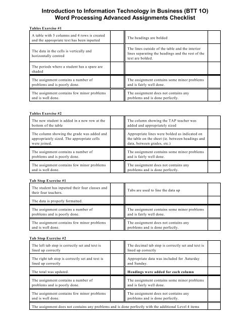 Word Processing Advanced Assignments Checklist