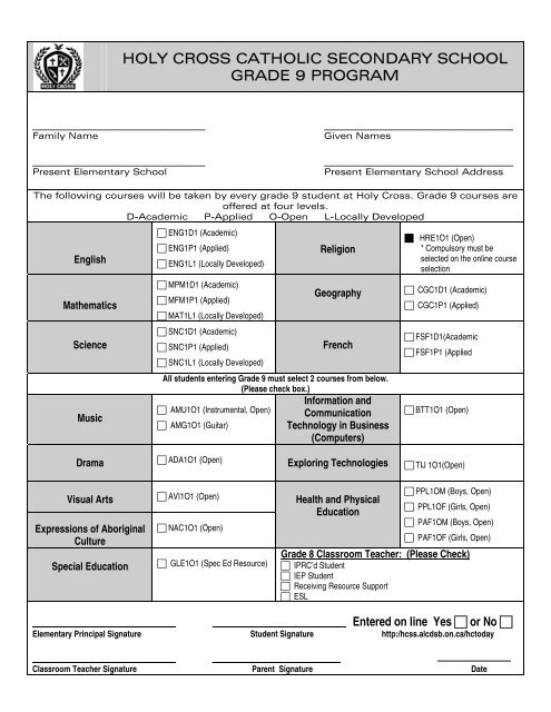 holy cross catholic secondary school grade 9 program