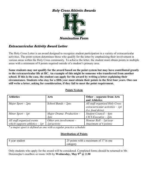 Holy Cross Athletic Awards Nomination Form Extracurricular Activity ...