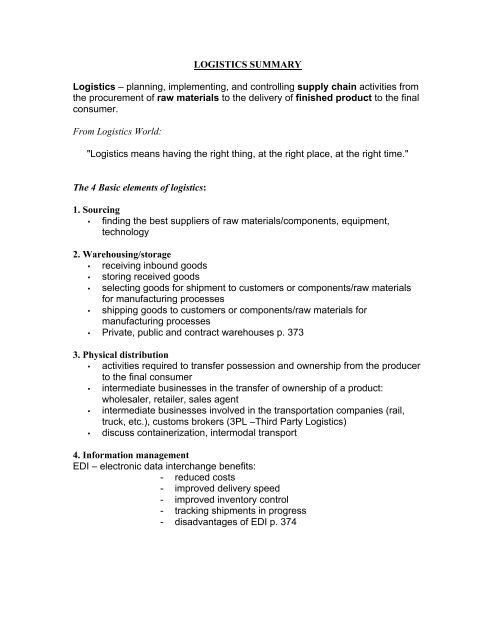LOGISTICS SUMMARY Logistics – planning, implementing, and ...