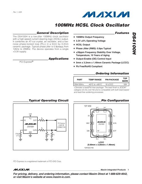 DS4100H 100MHz HCSL Clock Oscillator - Maxim