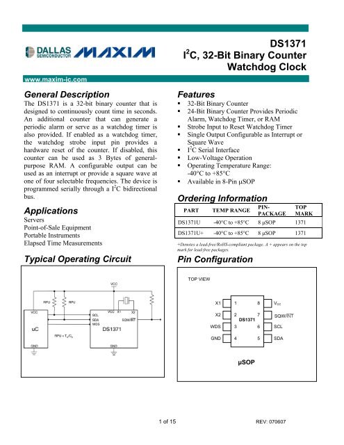 DS1371 I2C, 32-Bit Binary Counter Watchdog Clock - Maxim