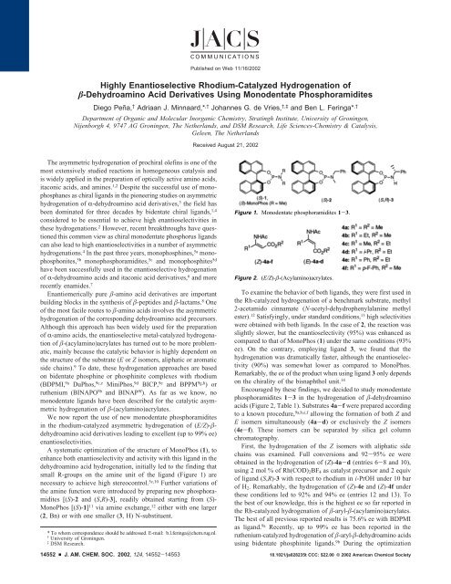 Highly Enantioselective Rhodium-Catalyzed Hydrogenation of β ...