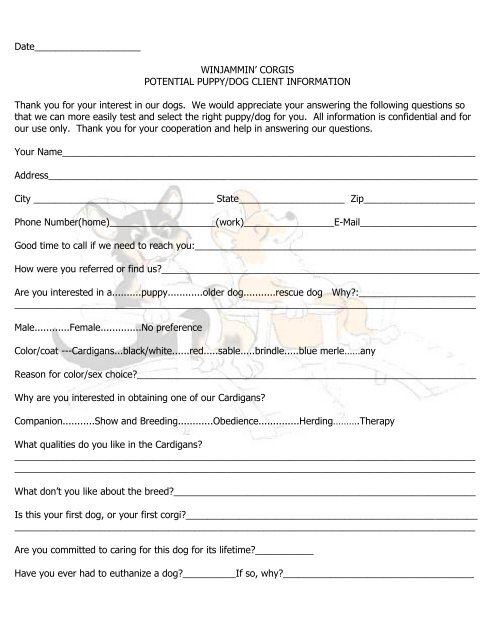Pet Questionnaire - Winjammin' Corgis
