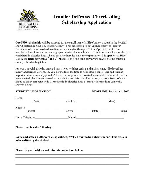 Jennifer DeFranco Cheerleading Scholarship Application