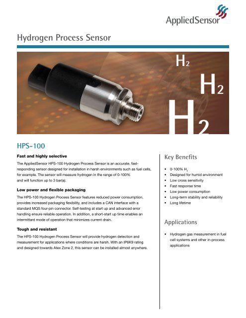 AppliedSensor Hydrogen Process Sensor HPS-100 Specifications