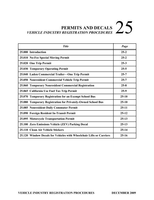 Chapter 25 Permits PDF California Department Of Motor Vehicles