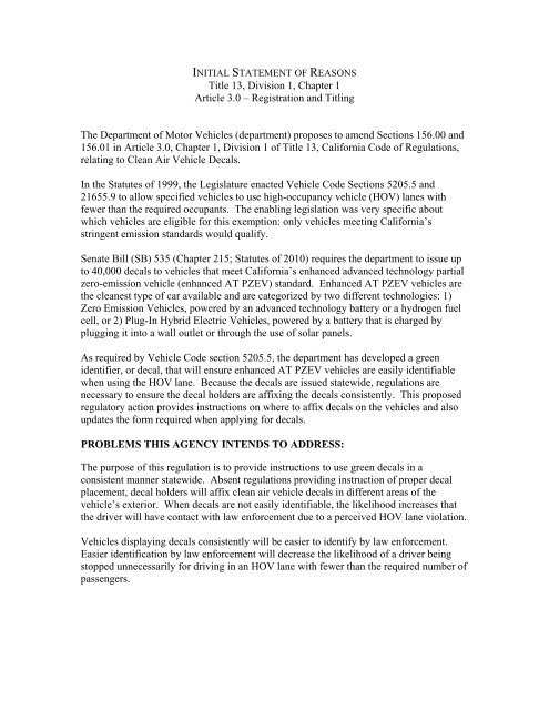 Initial Statement of Reasons – Clean Air Vehicle Decals - California ...