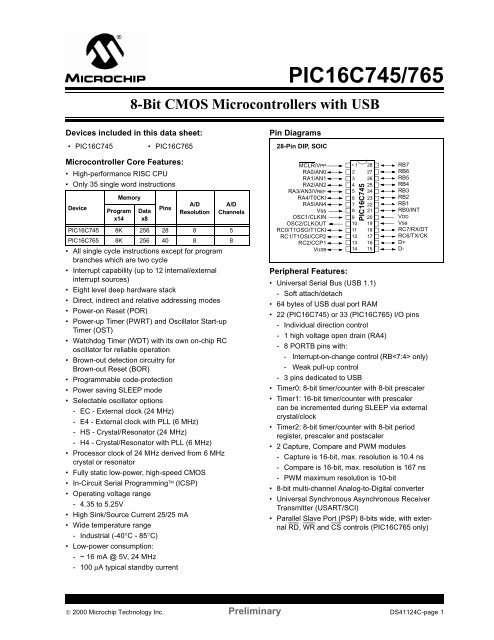 PIC16C745/765 8-Bit CMOS Microcontrollers with USB - Microchip