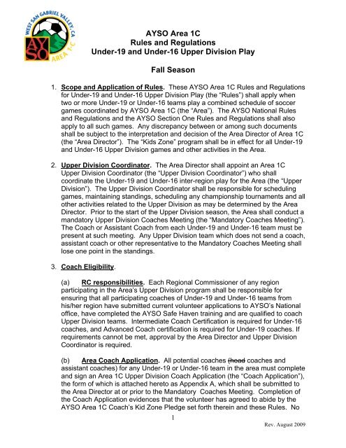 AYSO Area 1C Rules and Regulations Under-19 and Under-16 ...