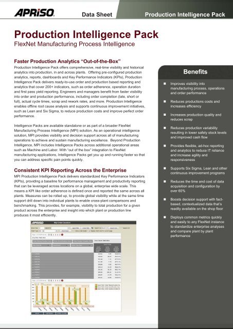 Data Sheet Production Intelligence Pack Features - Apriso