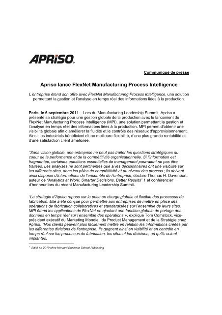 Apriso lance FlexNet Manufacturing Process Intelligence