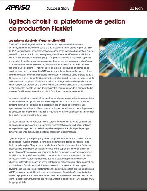 Ugitech choisit la plateforme de gestion de production FlexNet - Apriso