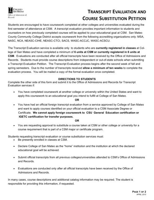 TRANSCRIPT EVALUATION - College of San Mateo