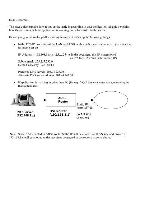 1) Open the internet explorer and type IP address of ... - MTNL Mumbai