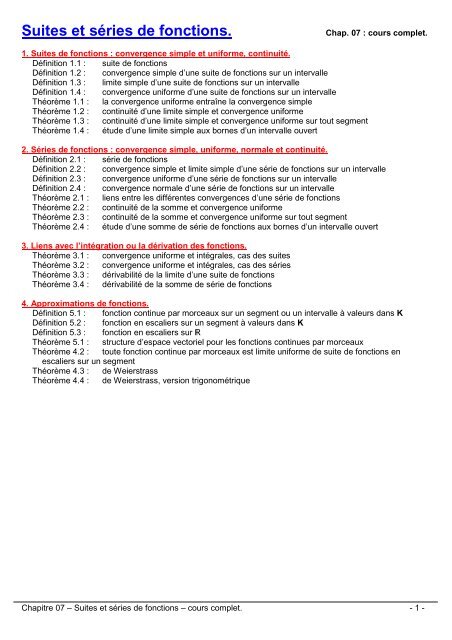 suites et séries de fonctions cours résumé pdf