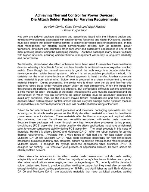 Die Attach Solder Pastes for Varying Requirements - Henkel