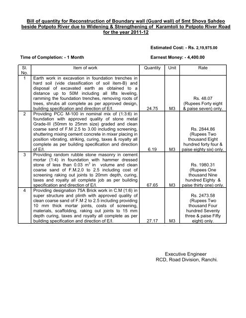Bill of quantity for Reconstruction of Boundary wall (Guard wall) of ...