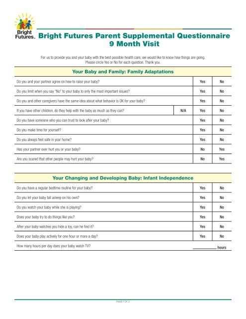 Bright Futures Parent Supplemental Questionnaire 9 Month Visit