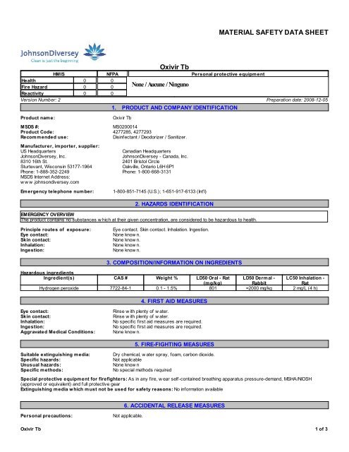 MATERIAL SAFETY DATA SHEET Oxivir Tb - Myers Supply ...