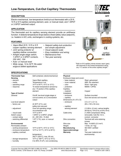 Low-Temperature, Cut-Out Capillary Thermostats - INTEC Controls