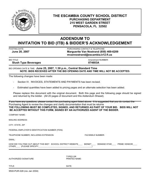 addendum to invitation to bid (itb) & bidder's acknowledgement