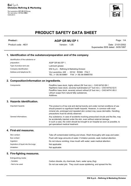PRODUCT SAFETY DATA SHEET