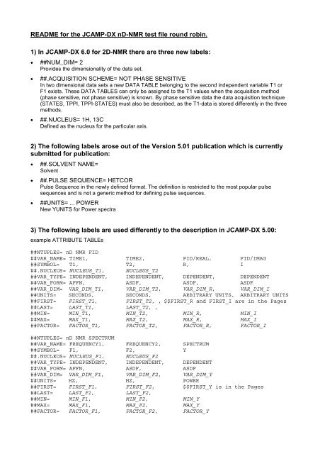 README for the JCAMP-DX nD-NMR test file round robin. 1) In ...