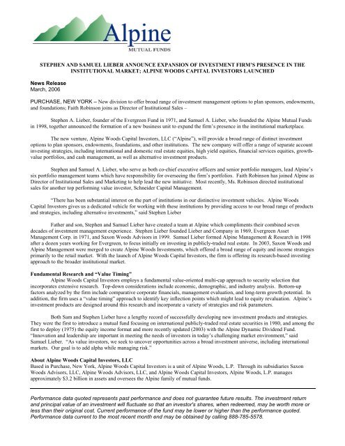 STEPHEN AND SAMUEL LIEBER ANNOUNCE ... - Alpine Funds