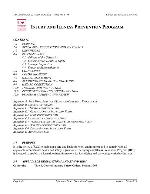 INJURY AND ILLNESS PREVENTION PROGRAM - USC Career ...