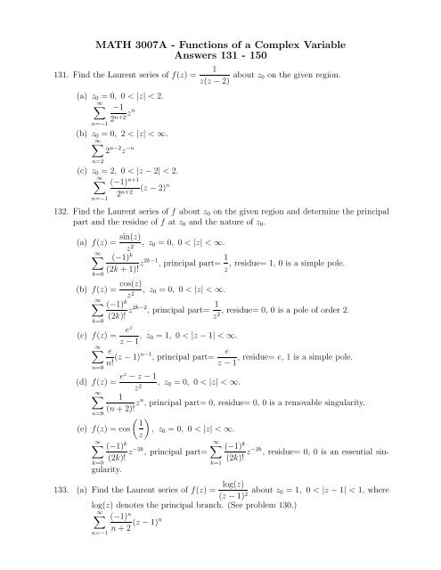 MATH 3007A - Functions of a Complex Variable Answers 131 - 150