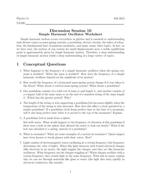 Simple Harmonic Oscillator Worksheet - Faculty